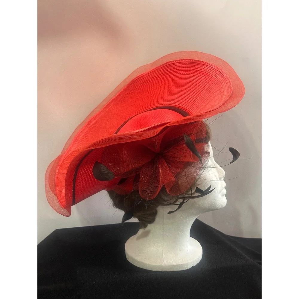 Accessories | Red Sinamay Wide Brim Fascinator Hat Black Feather Derby ...